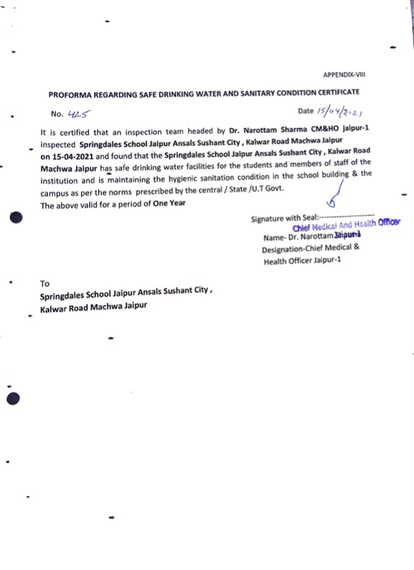 Water, Health and Safety Certificate – Springdales School Jaipur