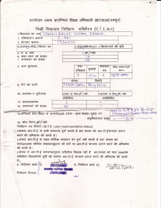 RTE Recognition – Springdales School Jaipur